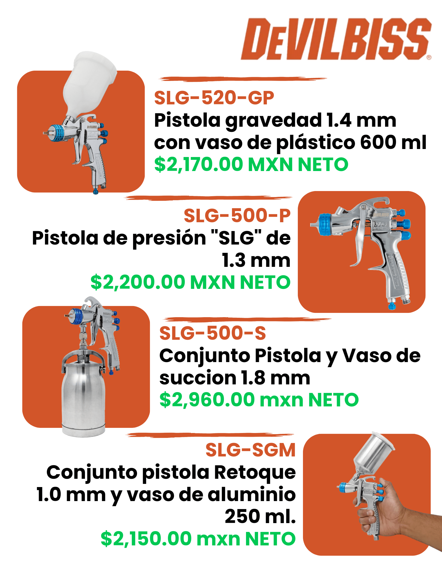 Pistolas manuales de pintura de uso automotriz e industrial